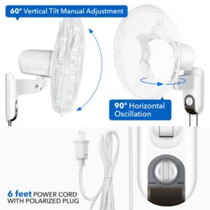 HealSmart Digital Household Wall Mount Fans 16 Inch Adjustable Tilt, 90 Degree, 3 Speed Settings, 2 Pack, White