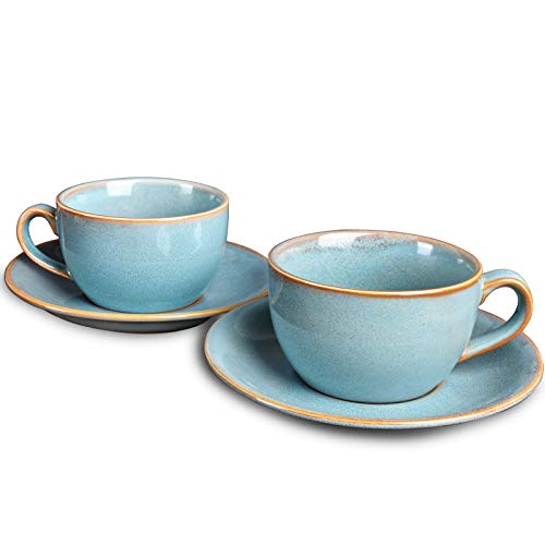 Bosmarlin Ceramic Coffee Cup Mug with Saucer Set of 2 for Latte, Cappuccino, Tea, 8.5 Oz, Dishwasher and Microwave Safe(Lake blue, 2)