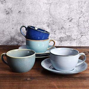 Bosmarlin Ceramic Coffee Cup Mug with Saucer Set of 2 for Latte, Cappuccino, Tea, 8.5 Oz, Dishwasher and Microwave Safe(Lake blue, 2)