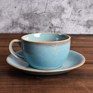 Bosmarlin Ceramic Coffee Cup Mug with Saucer Set of 2 for Latte, Cappuccino, Tea, 8.5 Oz, Dishwasher and Microwave Safe(Lake blue, 2)