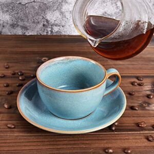 Bosmarlin Ceramic Coffee Cup Mug with Saucer Set of 2 for Latte, Cappuccino, Tea, 8.5 Oz, Dishwasher and Microwave Safe(Lake blue, 2)