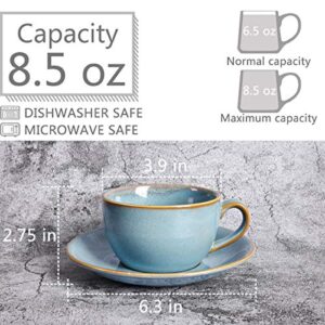 Bosmarlin Ceramic Coffee Cup Mug with Saucer Set of 2 for Latte, Cappuccino, Tea, 8.5 Oz, Dishwasher and Microwave Safe(Lake blue, 2)