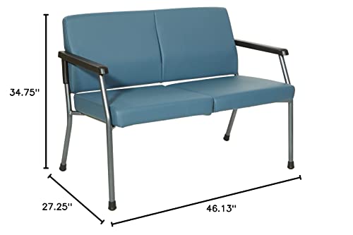 Office Star Bariatric Hip Patient Big and Tall Loveseat Medical Office Chair with Wider Seat and Sturdy Titanium Finish Metal Frame and Back Reinforcement, Dillon Blue