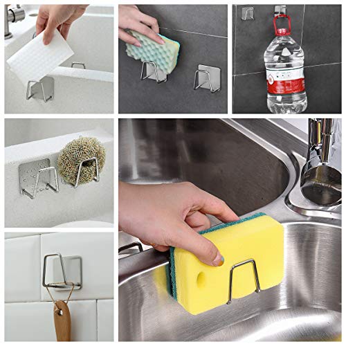 Queenbox 2 x 2 x 1.3 Adhesive Sponge Holder, Silver Brushed Stainless Steel Kitchen Sink Organizer for Draining Scrubbing Brush, Dishrag, Soap