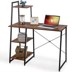 tangkula computer desk with 4 tier shelves, writing desk study desk, compact computer desk workstation with x-shaped metal frame & adjustable foot pads, home office desk (brown)