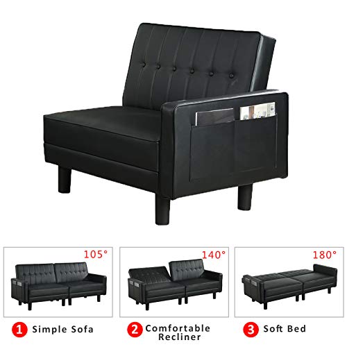 IPKIG Convertible Futon Sofa Bed- Loveseat Sofa Bed with 3 Gears Adjustable Backrest- Mid-Century Modern Tufted Faux Leather Sleeper Sofa Bed with 8 Sturdy Legs and Side Pockets (Black)