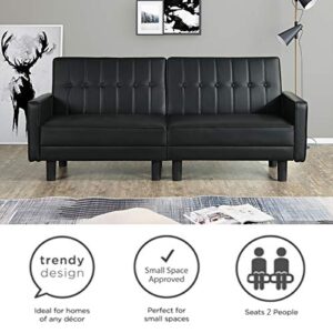 IPKIG Convertible Futon Sofa Bed- Loveseat Sofa Bed with 3 Gears Adjustable Backrest- Mid-Century Modern Tufted Faux Leather Sleeper Sofa Bed with 8 Sturdy Legs and Side Pockets (Black)