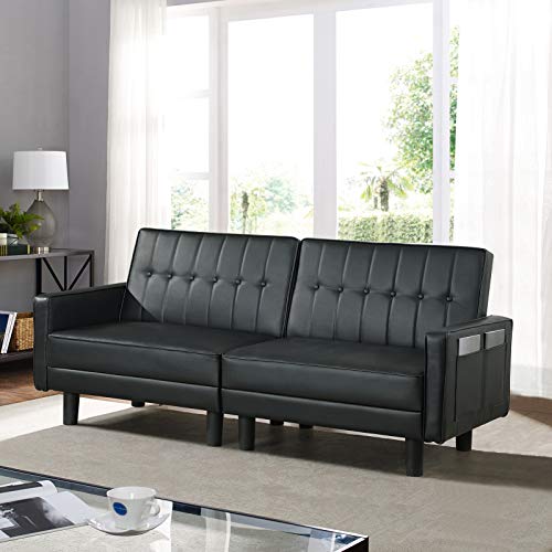 IPKIG Convertible Futon Sofa Bed- Loveseat Sofa Bed with 3 Gears Adjustable Backrest- Mid-Century Modern Tufted Faux Leather Sleeper Sofa Bed with 8 Sturdy Legs and Side Pockets (Black)