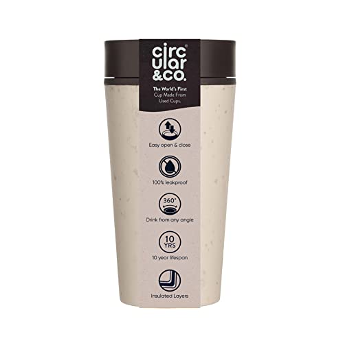 Circular and Co Reusable Coffee Cup 12oz/340ml - The World's First Travel Mug Made from Recycled Coffee Cups, 100% Leak-Proof, Sustainable & Insulated (Cream & Cosmic Black)