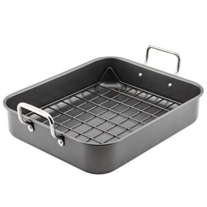 rachael ray bakeware nonstick roaster/roasting pan with reversible rack, 16.5 inch x 13.5 inch, gray