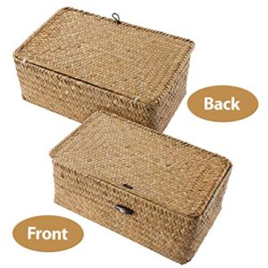 BESPORTBLE Handwoven Seagrass Rattan Storage Basket Rattan Storage Basket Multipurpose Container with Lid for Decoration, Picnic, Groceries and Toy Storage