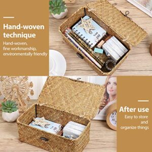 BESPORTBLE Handwoven Seagrass Rattan Storage Basket Rattan Storage Basket Multipurpose Container with Lid for Decoration, Picnic, Groceries and Toy Storage