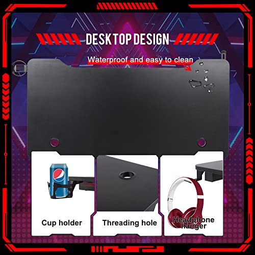 Computer Desk Gaming Desk Student PC Desk Writing Desk Office Desk Modern Ergonomic Racing Style Table Workstation Carbon Fiber Headphone Hook (47in, Red)