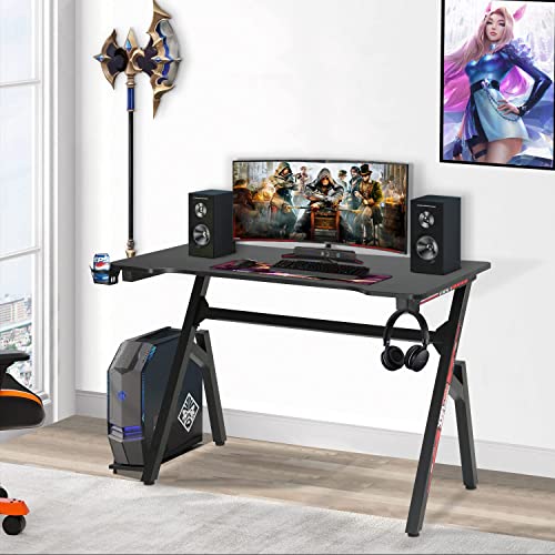 Computer Desk Gaming Desk Student PC Desk Writing Desk Office Desk Modern Ergonomic Racing Style Table Workstation Carbon Fiber Headphone Hook (47in, Red)