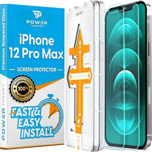 power theory designed for iphone 12 pro max screen protector tempered glass [9h hardness], easy install kit, 99% hd bubble free clear, case friendly, anti-scratch, 2 pack