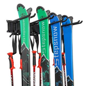 ski wall rack, holds 4 pairs of skis & skiing poles or snowboard, for home and garage storage, wall mounted, heavy duty, adjustable rubber-coated hooks