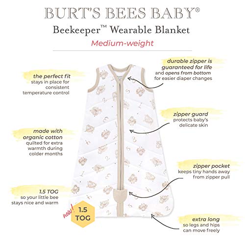 Burt's Bees Baby unisex baby Beekeeper Blanket, 100% Organic Cotton, Swaddle Transition Sleeping Bag Wearable Blanket, Quilted Grey Rugby, Large US