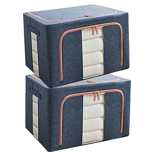 Southwit 2-Packs Storage Bins 66L Large Capacity Clothes Bag Underwear Socks Storage Box Stainless Steel Closet Organization for Comforters with 2 Windows Blue