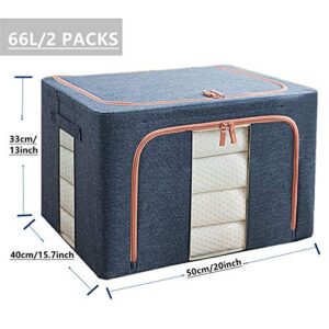 Southwit 2-Packs Storage Bins 66L Large Capacity Clothes Bag Underwear Socks Storage Box Stainless Steel Closet Organization for Comforters with 2 Windows Blue