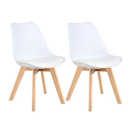 LSSBOUGHT Mid Century Modern Dining Chairs,Shell Lounge Plastic Side Chair with Soft Padded and Wooden Legs for Dining Room Living Room Bedroom Kitchen Set of 2 (White)