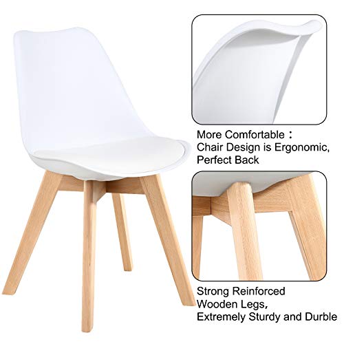 LSSBOUGHT Mid Century Modern Dining Chairs,Shell Lounge Plastic Side Chair with Soft Padded and Wooden Legs for Dining Room Living Room Bedroom Kitchen Set of 2 (White)