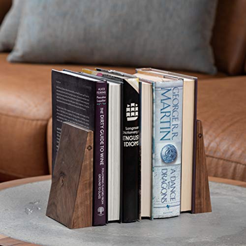 TILISMA Book Ends for Shelves - Handmade Wooden Bookends with Metal Base, Walnut Tree - Sturdy Book Holders for Heavy Books - Fancy Modern Decorative Book Accessories to Hold Books Firmly on Bookshelf