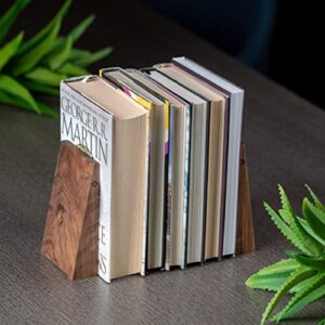 TILISMA Book Ends for Shelves - Handmade Wooden Bookends with Metal Base, Walnut Tree - Sturdy Book Holders for Heavy Books - Fancy Modern Decorative Book Accessories to Hold Books Firmly on Bookshelf