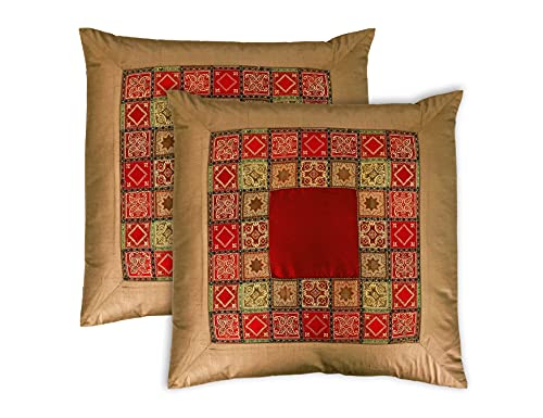 Craftbot Decorative Throw Pillow Covers - Maroon & Gold Brocade Toss Pillows - 20x20 Inches - Set of 2 Indian Accent Pillows - No Insert