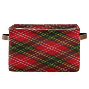 alaza decorative basket rectangular storage bin, tartan plaid red green yellow organizer basket with leather handles for home office