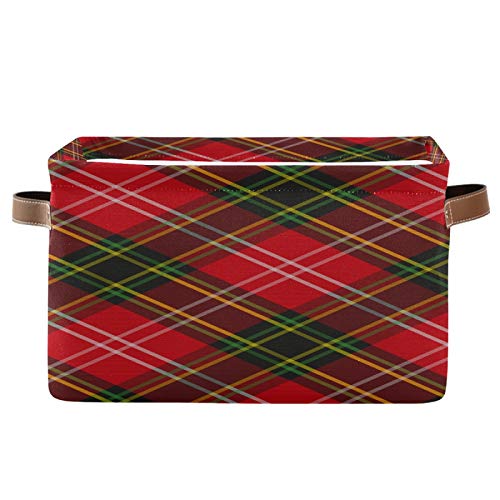 ALAZA Decorative Basket Rectangular Storage Bin, Tartan Plaid Red Green Yellow Organizer Basket with Leather Handles for Home Office