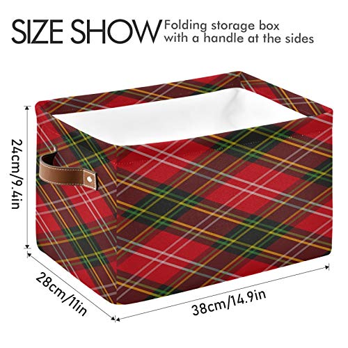 ALAZA Decorative Basket Rectangular Storage Bin, Tartan Plaid Red Green Yellow Organizer Basket with Leather Handles for Home Office