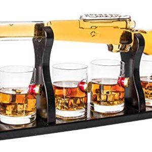 Shotgun Gun Large Whiskey & Wine Decanter Set Bullet Glasses - Limited Edition Elegant Rifle Gun Whiskey Decanter 22.5" With 4 Shotgun Bullet Whiskey Glasses and Mohogany Wooden Base The Wine Savant