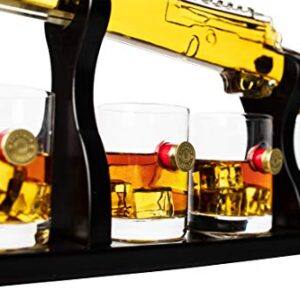 Shotgun Gun Large Whiskey & Wine Decanter Set Bullet Glasses - Limited Edition Elegant Rifle Gun Whiskey Decanter 22.5" With 4 Shotgun Bullet Whiskey Glasses and Mohogany Wooden Base The Wine Savant