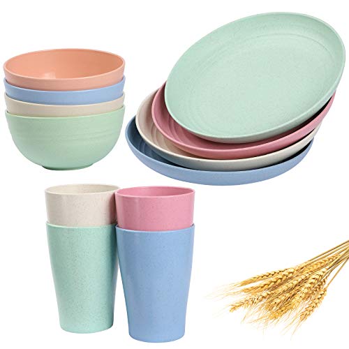 Kids Wheat Straw Dinnerware Sets, Microwave Safe Wheat Straw Plates and Bowls Sets 12pcs Unbreakable Dishwasher Eco Friendly Colourful