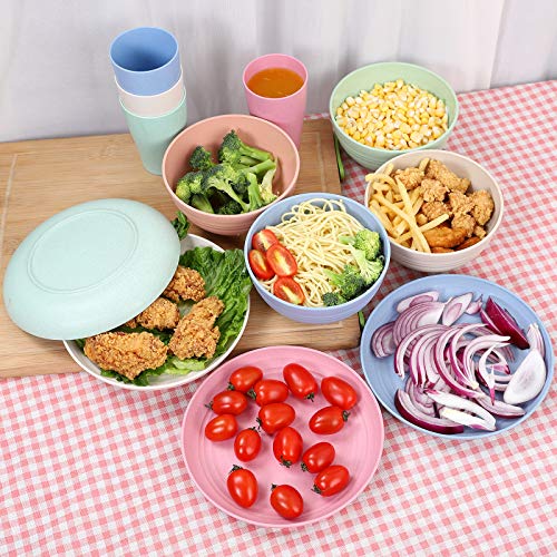 Kids Wheat Straw Dinnerware Sets, Microwave Safe Wheat Straw Plates and Bowls Sets 12pcs Unbreakable Dishwasher Eco Friendly Colourful