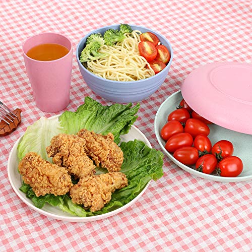 Kids Wheat Straw Dinnerware Sets, Microwave Safe Wheat Straw Plates and Bowls Sets 12pcs Unbreakable Dishwasher Eco Friendly Colourful