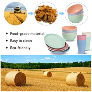 Kids Wheat Straw Dinnerware Sets, Microwave Safe Wheat Straw Plates and Bowls Sets 12pcs Unbreakable Dishwasher Eco Friendly Colourful