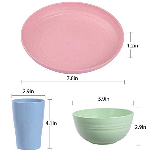 Kids Wheat Straw Dinnerware Sets, Microwave Safe Wheat Straw Plates and Bowls Sets 12pcs Unbreakable Dishwasher Eco Friendly Colourful