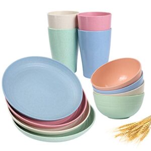 Kids Wheat Straw Dinnerware Sets, Microwave Safe Wheat Straw Plates and Bowls Sets 12pcs Unbreakable Dishwasher Eco Friendly Colourful