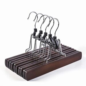 amber home walnut wooden pants hangers 10 pack, wood clamp hangers with non slip padded velvet, jeans/slacks hangers hair extension hangers for skirts, trousers, wigs (walnut, 10)