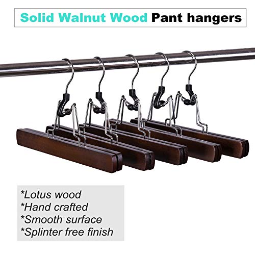 Amber Home Walnut Wooden Pants Hangers 10 Pack, Wood Clamp Hangers with Non Slip Padded Velvet, Jeans/Slacks Hangers Hair Extension Hangers for Skirts, Trousers, Wigs (Walnut, 10)