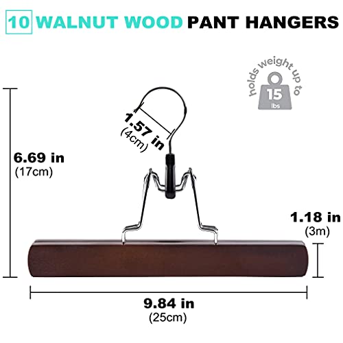 Amber Home Walnut Wooden Pants Hangers 10 Pack, Wood Clamp Hangers with Non Slip Padded Velvet, Jeans/Slacks Hangers Hair Extension Hangers for Skirts, Trousers, Wigs (Walnut, 10)