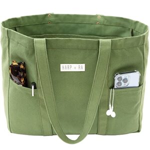 harp and ra forest green tote bag - utility tote with 2 front pockets and laptop sleeve, teacher bag in 16 oz. organic cotton, jumbo book bag for nurses, school, work, diapers, tote bag