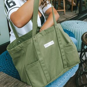 Harp and Ra Forest Green Tote Bag - Utility Tote with 2 Front Pockets and Laptop Sleeve, Teacher Bag in 16 Oz. Organic Cotton, Jumbo Book Bag for Nurses, School, Work, Diapers, Tote Bag