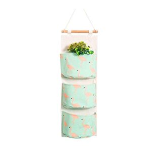 wishlotus wall hanging storage bag, linen storage organiser, over door storage 3 pockets storage bag with waterproof pe coated interior and wooden stick&cotton rope for door, wall, closet (green)