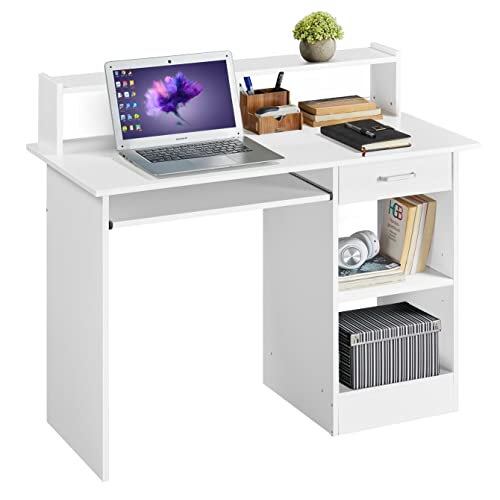 Yaheetech Home Office Wood Computer Desk with Keyboard Tray and Drawers, Students Writing Table with Storage Drawers & Hutch, Modern PC Laptop Desk, Multifunctional Workstation, White