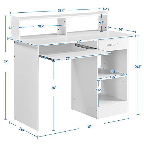 Yaheetech Home Office Wood Computer Desk with Keyboard Tray and Drawers, Students Writing Table with Storage Drawers & Hutch, Modern PC Laptop Desk, Multifunctional Workstation, White