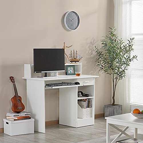 Yaheetech Home Office Wood Computer Desk with Keyboard Tray and Drawers, Students Writing Table with Storage Drawers & Hutch, Modern PC Laptop Desk, Multifunctional Workstation, White