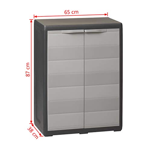 Outdoor Plastic Garden Storage Shed Garden Cabinet with Adjustable Shelf Double Doors Bottom Drain Slots Lockable, Black and Grey 65 x 38 x 87 cm (L x W x H)