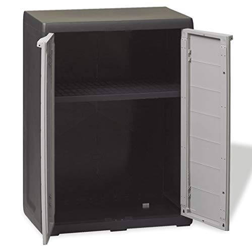 Outdoor Plastic Garden Storage Shed Garden Cabinet with Adjustable Shelf Double Doors Bottom Drain Slots Lockable, Black and Grey 65 x 38 x 87 cm (L x W x H)